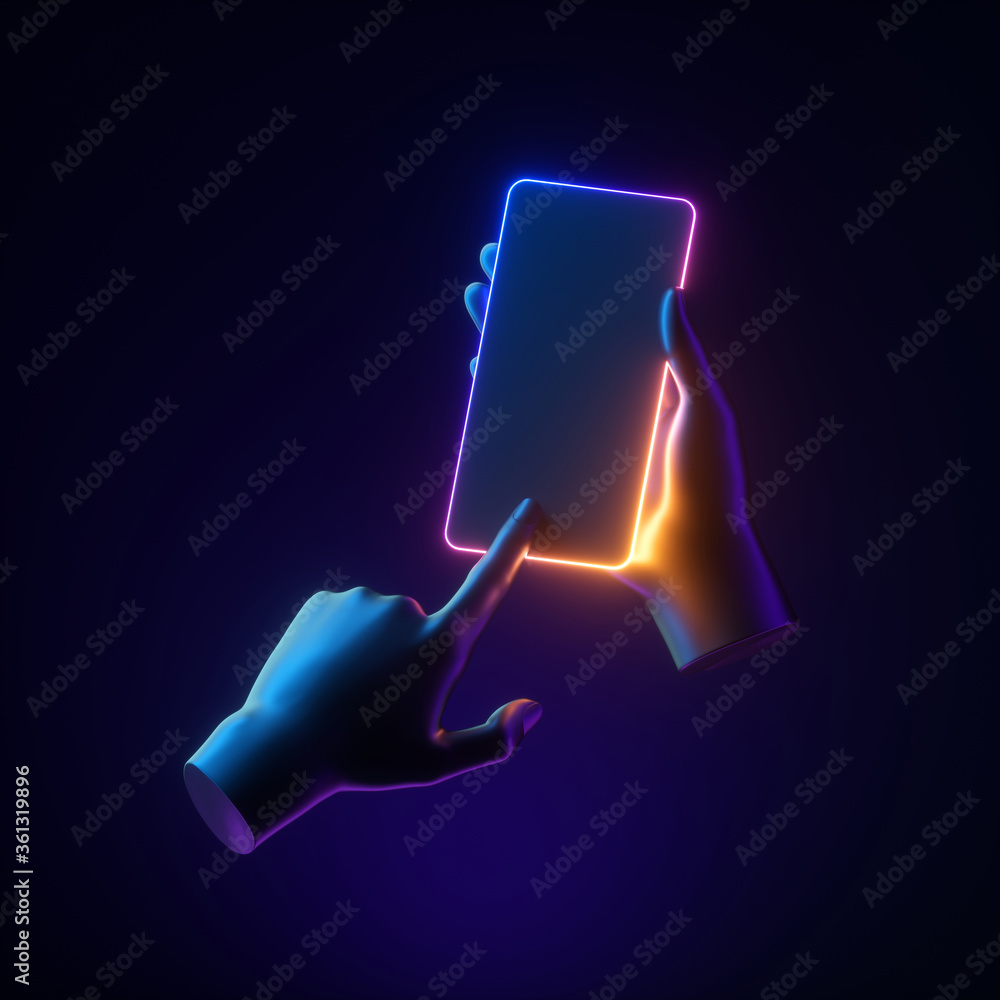3d render mannequin hands holding smart phone gadget. Neon glowing ...