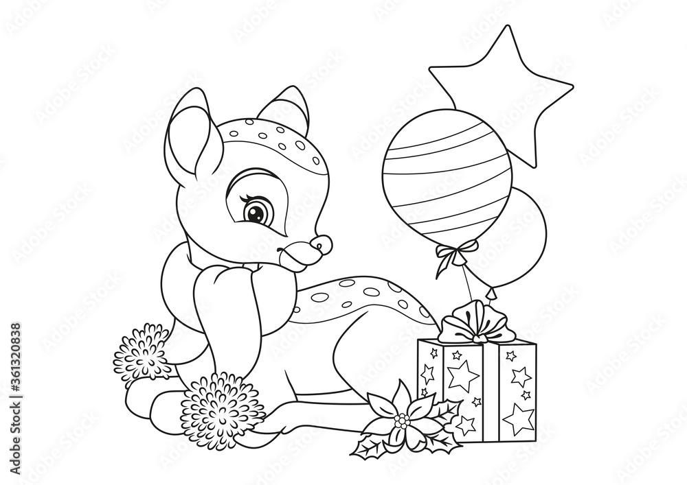 Christmas Deer with Gifts Coloring Page. Black and white cartoon ...