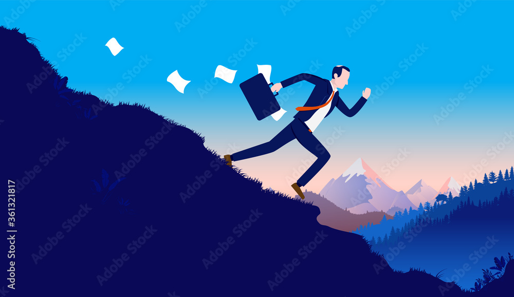 Escape work - Businessman running away from office down hill in high ...