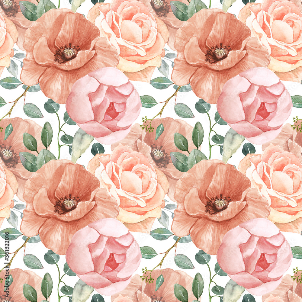 Watercolor neutral soft colors flowers seamless pattern. Hand drawn ...