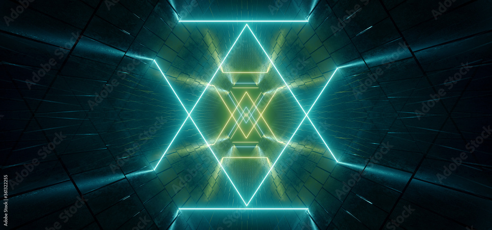 Ilustrace „Neon Laser Star Shaped Blue Green Alien Spaceship Modern ...