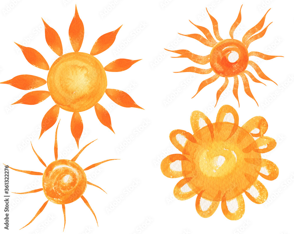 Orange watercolor sun..Hand Drawn watercolor illustration. Isolated on ...