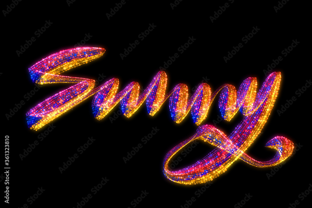 The word Sunny written in bright rainbow particles. Hand drawing ...