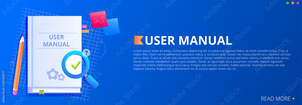 User manual for paper booklet. Vector illustration banner. Guide book ...