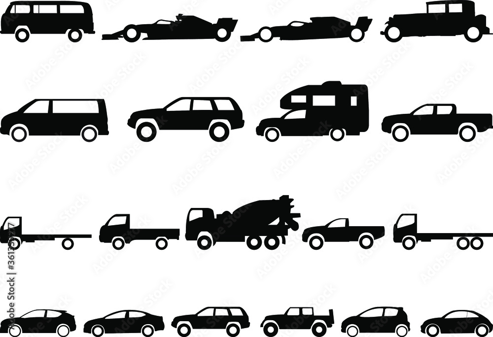 Cars collection icons set on white background, Vector Car Type and ...