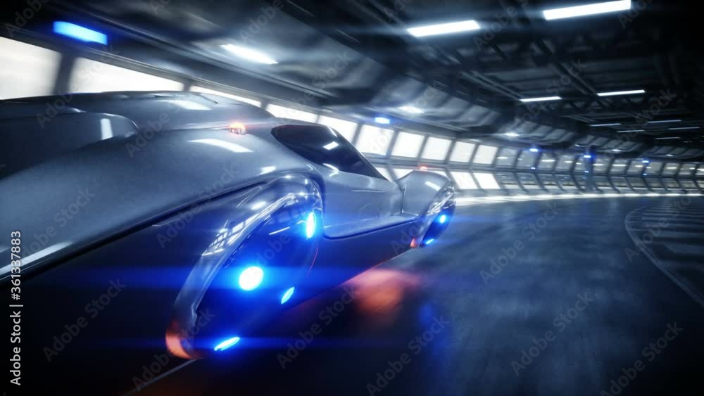 futuristic flying car fast driving in sci fi tunnel, coridor. Concept ...
