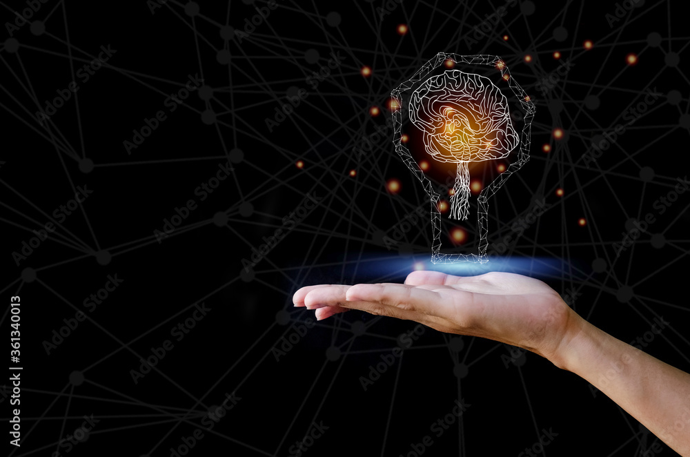 Brain inside the hands of the businessman holding of brain and point ...