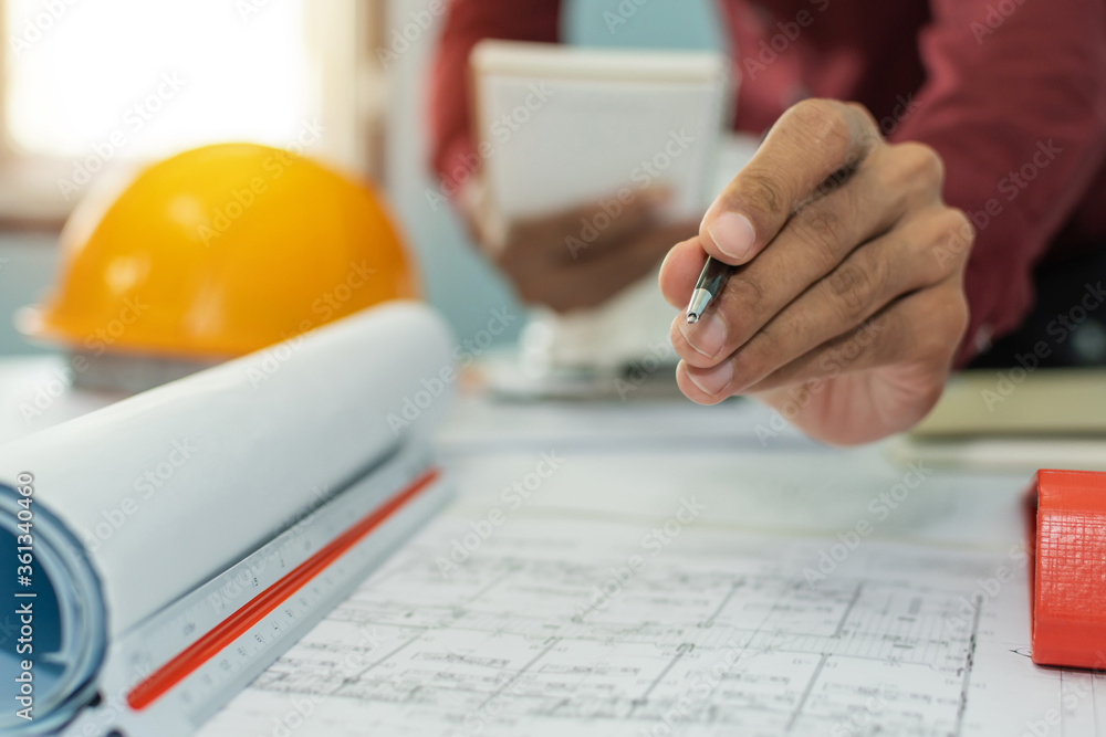 hand interior designer, engineer or architect drawing on blueprint with ...