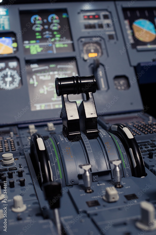 Control aviation panel of plane in cockpit. Plane cockpit with many ...