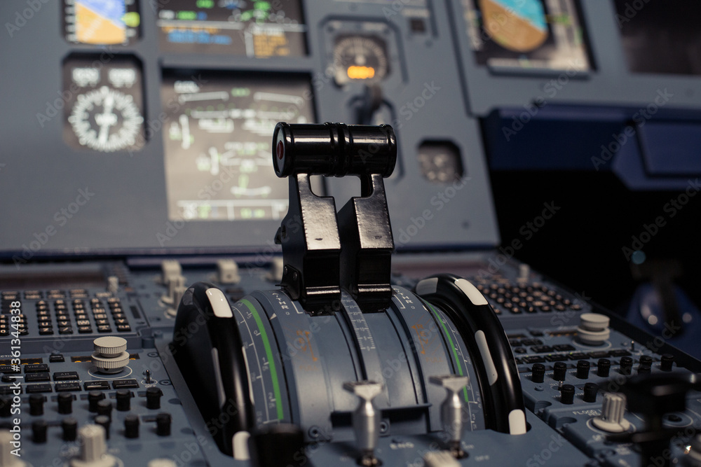 Control aviation panel of plane in cockpit. Plane cockpit with many ...