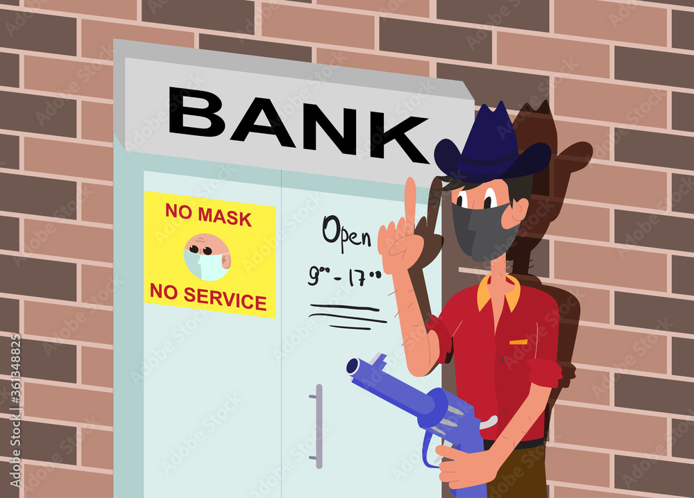 Caricature in cartoon style - robber stands in front of the Bank in a ...
