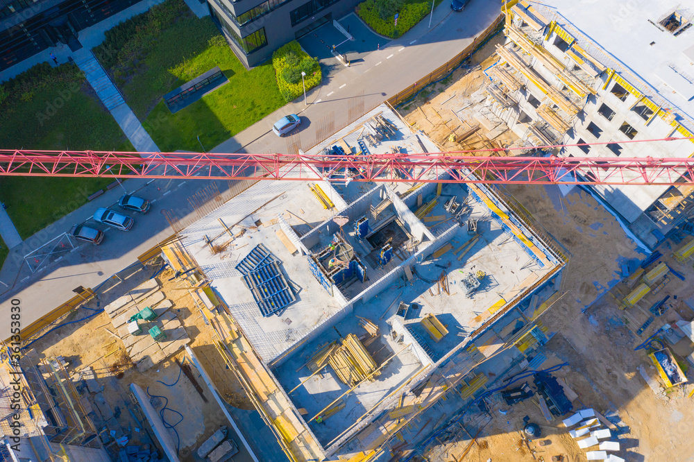 Construction of high-rise residential building. Aerial view of ...