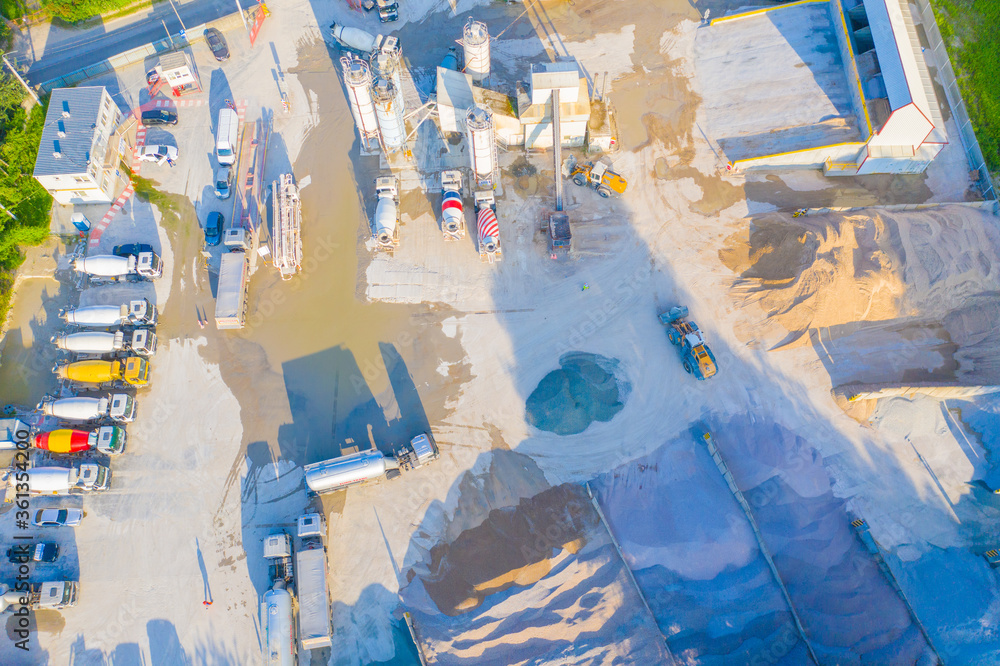 Aerial view of sandpit and factory plant producing sand materials for ...