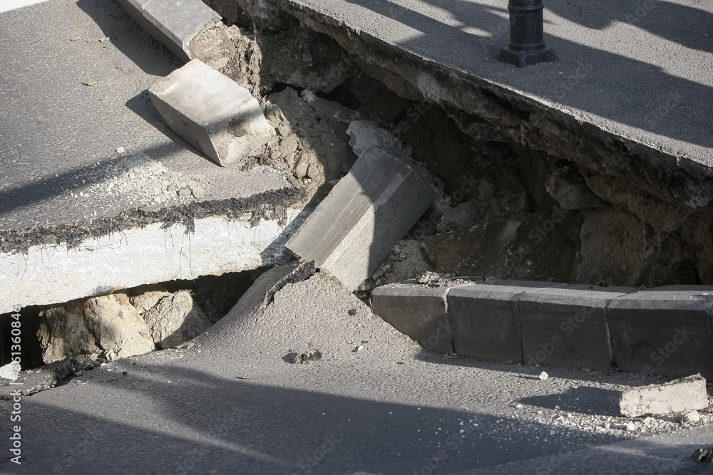 Detail with cracked asphalt pieces background - concept image/ Asphalt ...