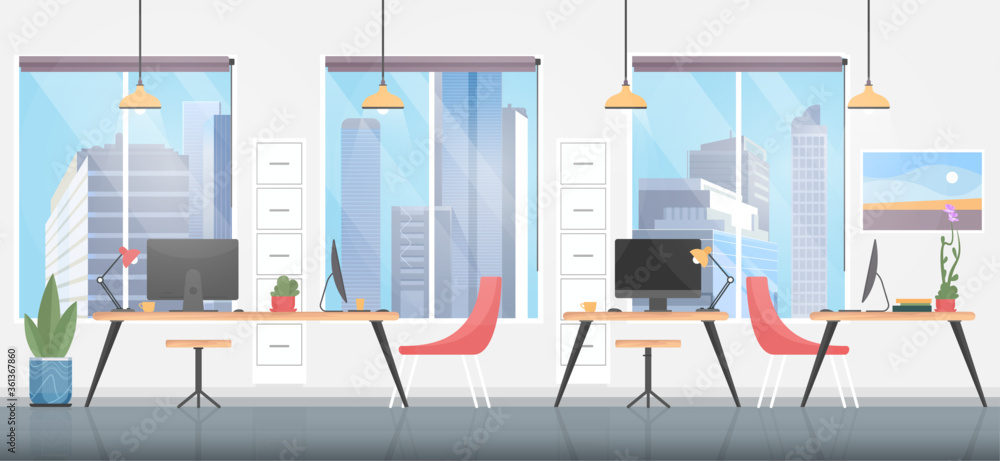 Office room interior flat vector illustration. Cartoon empty creative ...