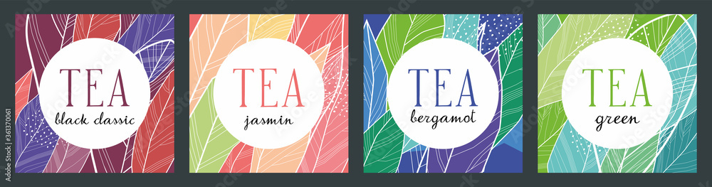 Design of square tea packaging. Different varieties of tea in the set ...