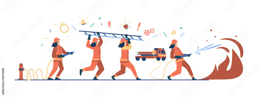 Brave firefighters wearing uniform and helmets firefighting isolated ...