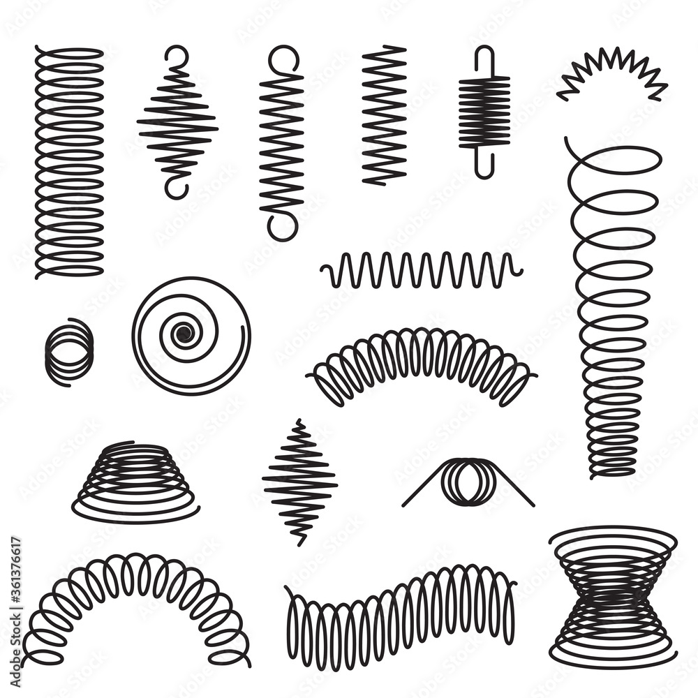 Metal spirals set. Flexible spring, industrial coil, springy curve ...