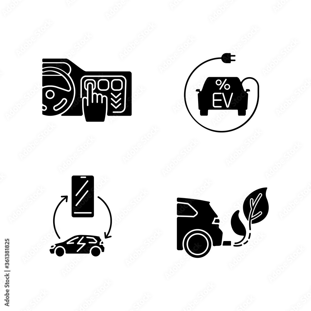 Electric car benefits black glyph icons set on white space. Smart ...