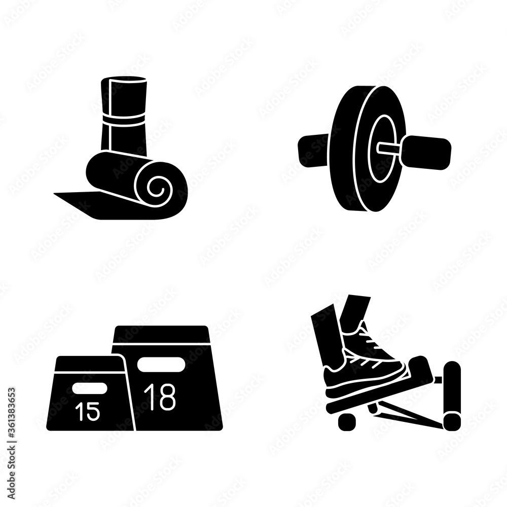 Vektorová grafika „Fitness equipment black glyph icons set on white ...