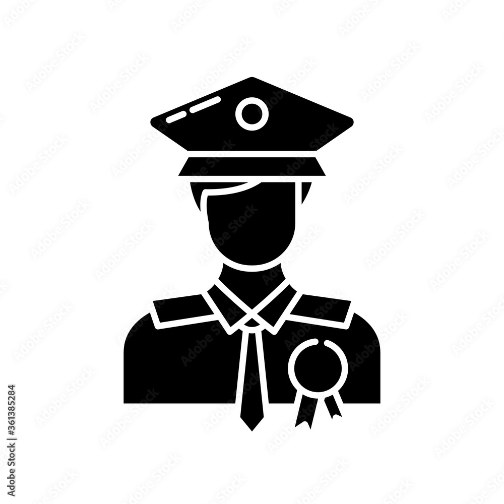 Police officer black glyph icon. Military patrol. Male guard. Deputy ...
