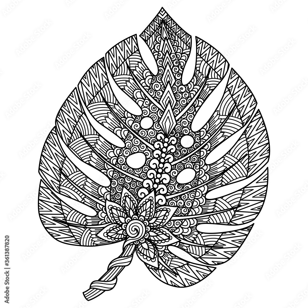 Line art design of Monstera leaf for adult coloring book, coloring page ...