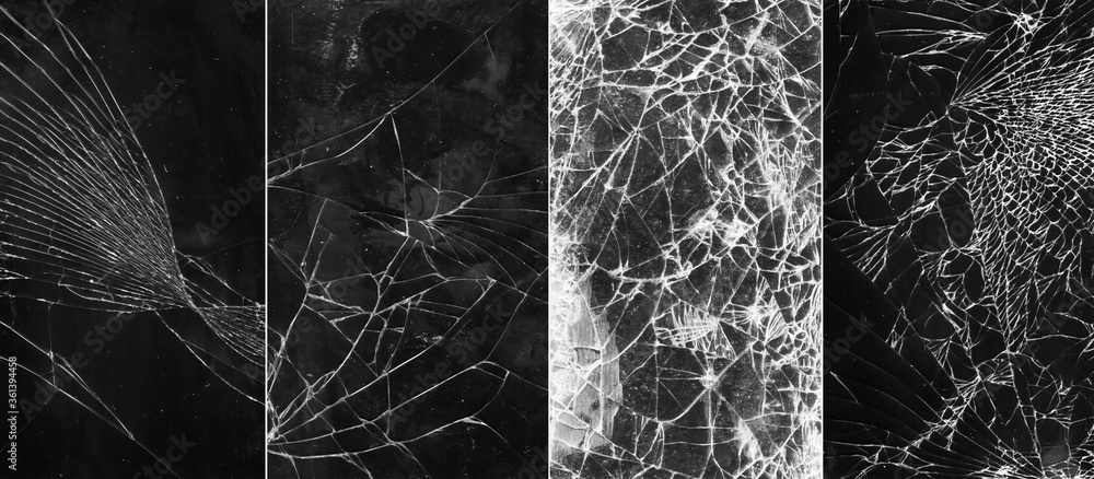 Set of 4 broken glass templates. Fractured screen. Shattered tablet ...