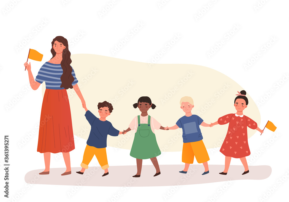 Vetor de Line of young kids playing follow my leader behind their ...