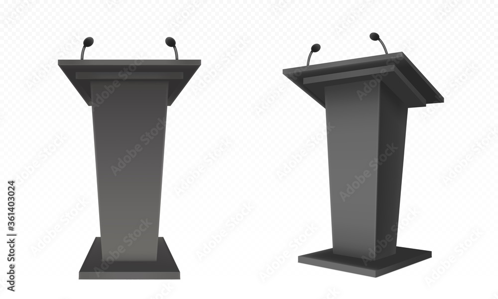 Black pulpit, podium or tribune front side view. Rostrum stand with ...
