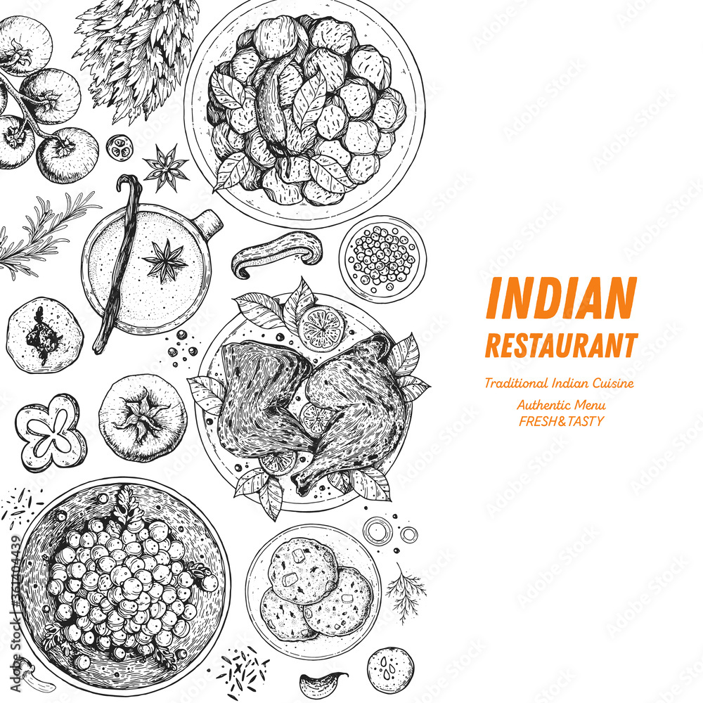 Indian food illustration. Hand drawn sketch. Vector illustration. Menu ...