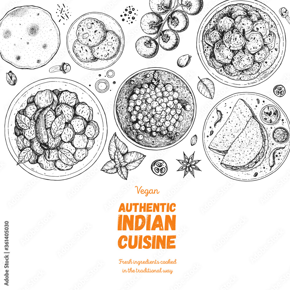 Indian food illustration. Hand drawn sketch. Indian cuisine. Doodle ...
