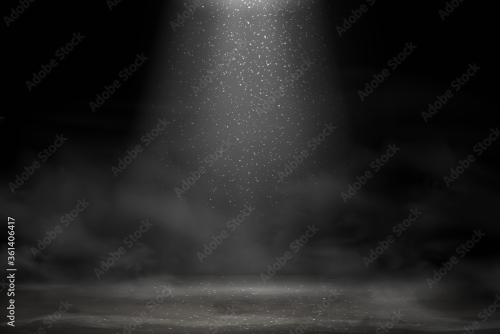Stage light, white glitter lights effect with rays, beams and falling ...