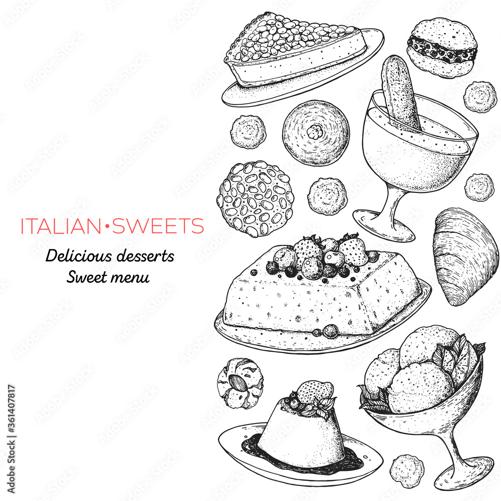 Italian dessert vector illustration. Italian food hand drawn sketch ...