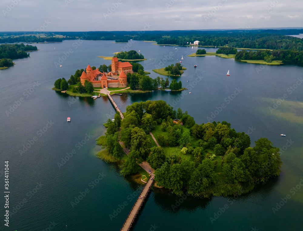 Aerial view of Trakai unique island castle which is located in the ...