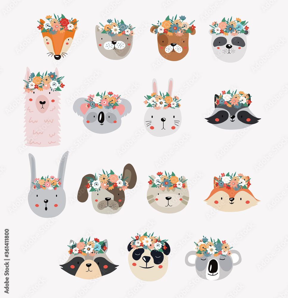 Set of cute cartoon animals wearing flower crowns isolated on white for ...