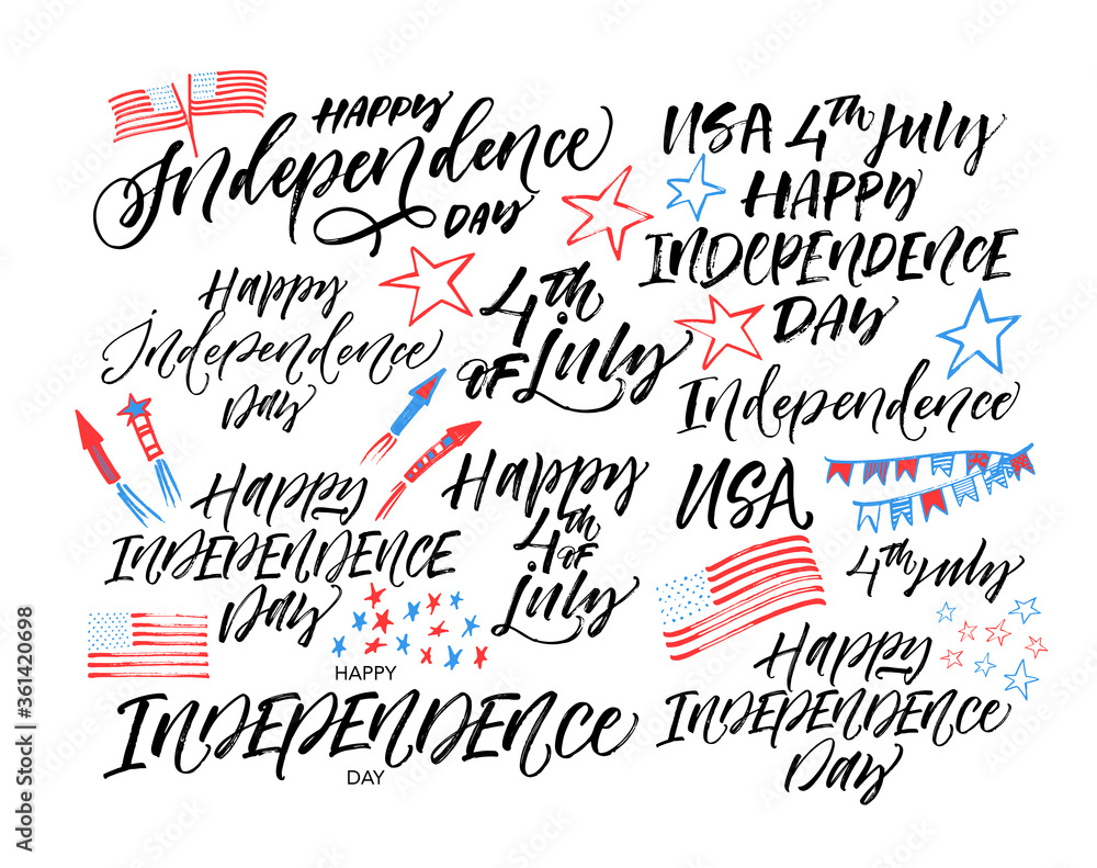 Independence Day phrases collection with american symbolic. Hand drawn ...