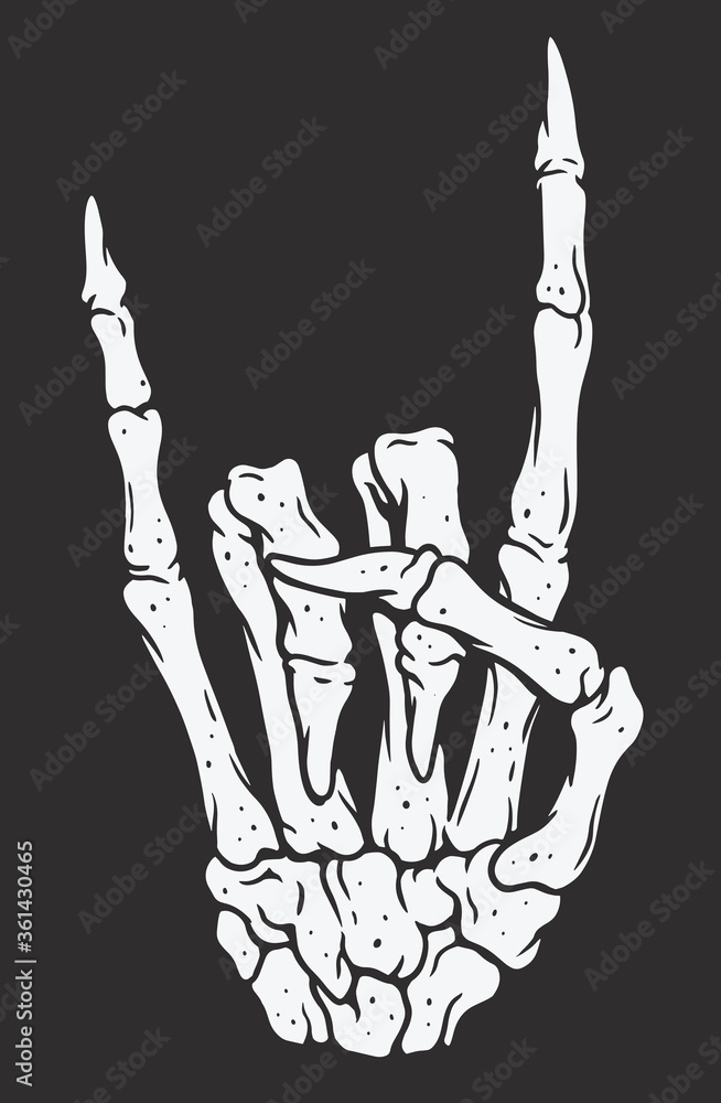 Skeleton hand making rock sign. Vintage illustration style. Stock ...