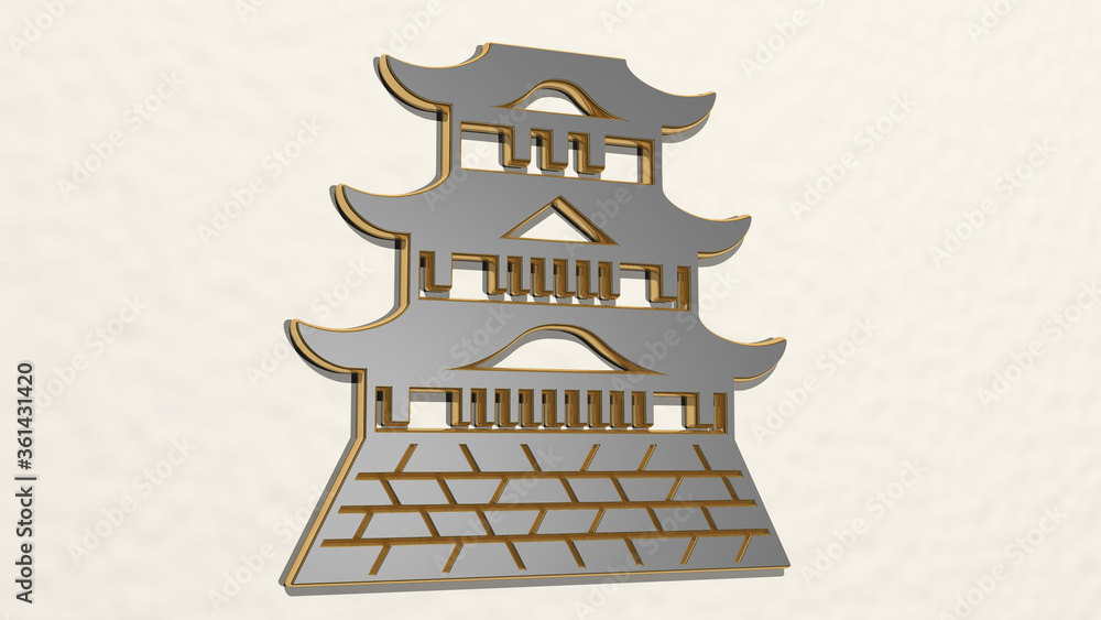 CHINESE CASTLE on the wall. 3D illustration of metallic sculpture over ...