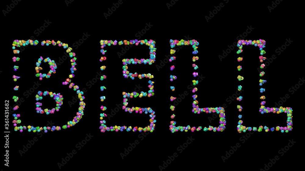bell: 3D illustration of the text made of small objects over a black ...