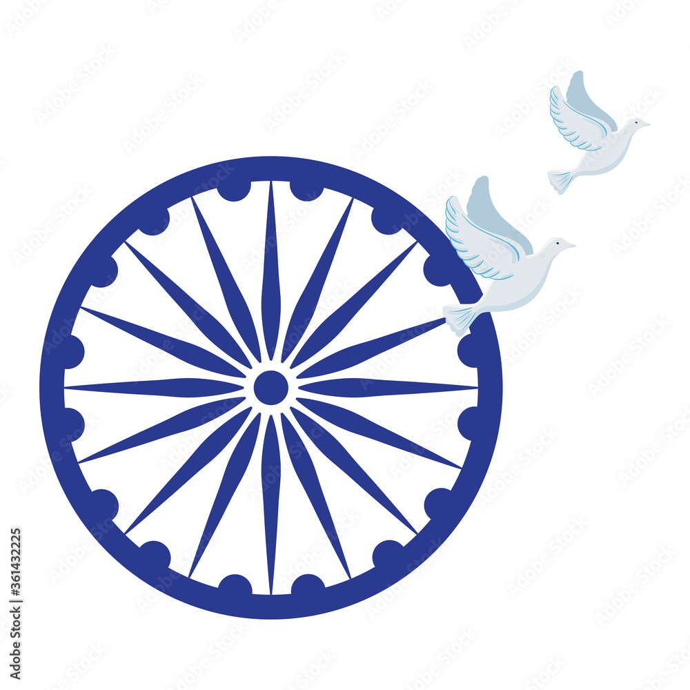 blue ashoka wheel indian symbol, ashoka chakra with white doves flying ...