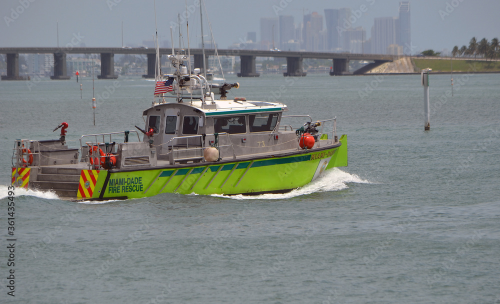 Miami-Dade fire rescue boat patrolling the Florida Intra-Coastal ...