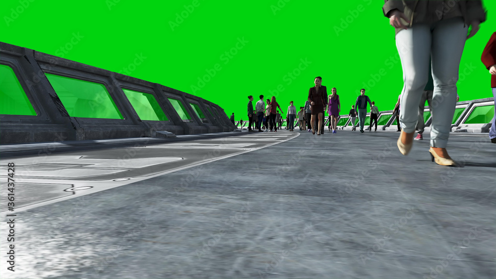 3d people in Sci fi tonnel. Traffic. Concept of future. Green screen ...