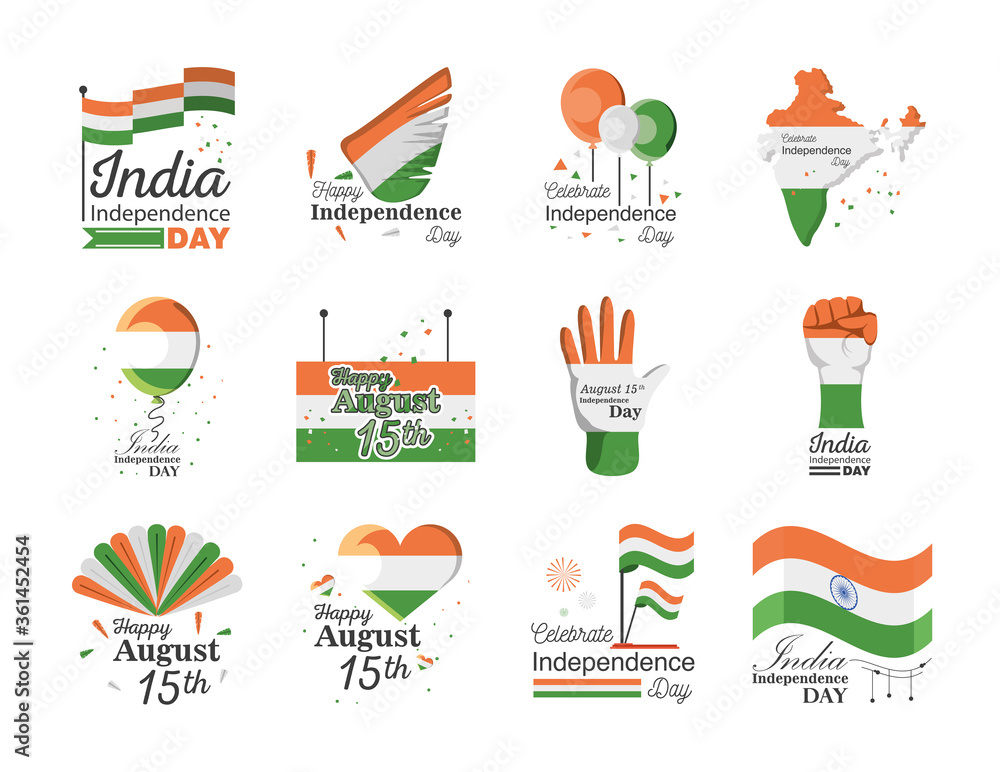 Happy india independence day icon set detailed style icon vector design ...