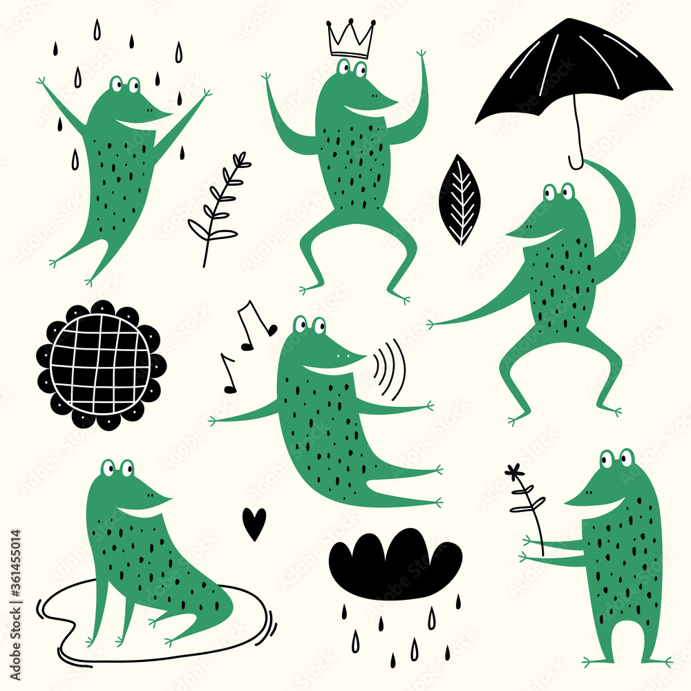 Cute cartoon frogs. Vector set animal of amphibian toad drawing, green ...