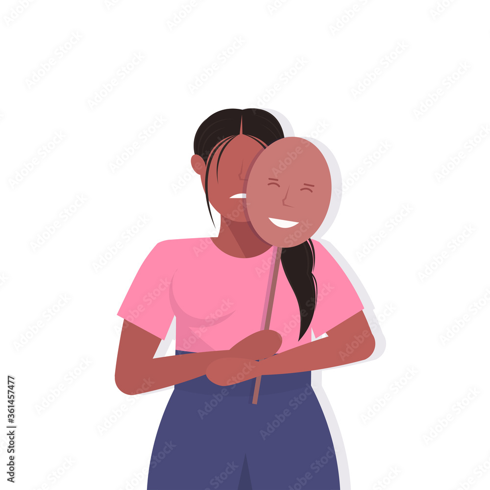 depressed woman holding positive mask african american girl covering ...