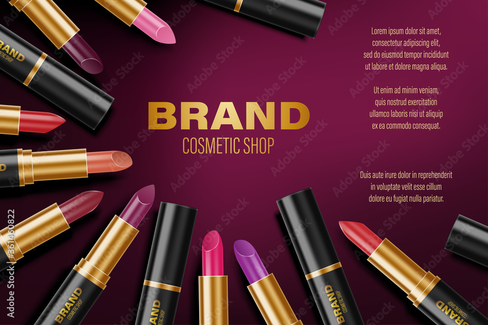 Colorful lipstick ads. Fashion poster design with lipsticks in a circle ...