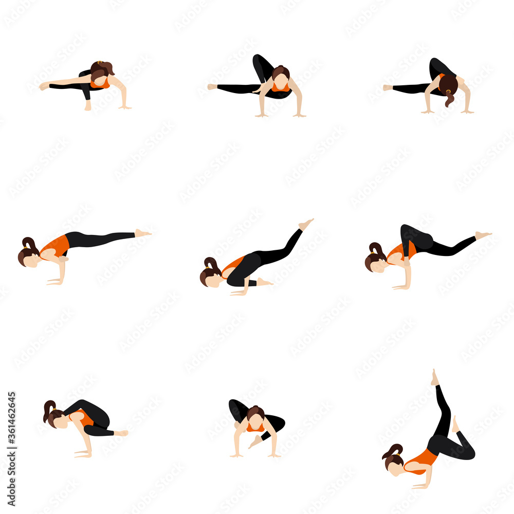 Difficult advanced arm balances yoga poses set/ Illustration stylized ...