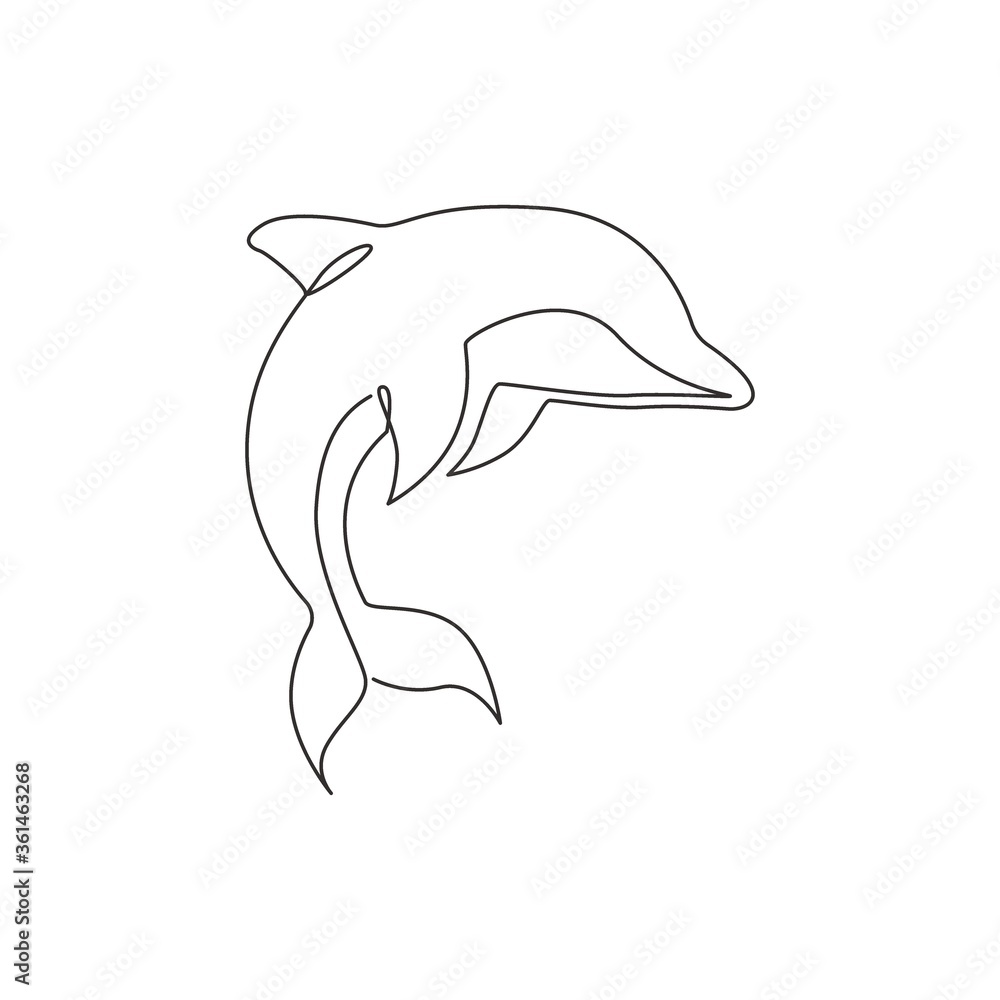One continuous line drawing of friendly cute dolphin for fish tank ...
