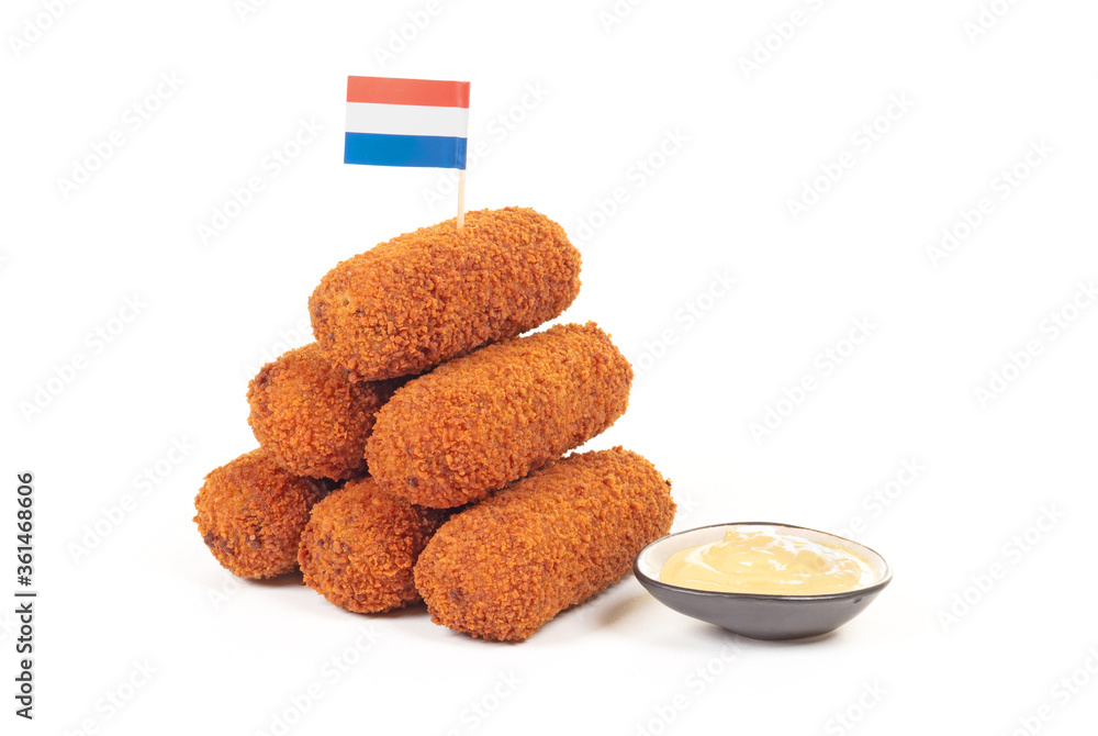 Brown crusty dutch kroketten with dutch flag Stock Photo | Adobe Stock