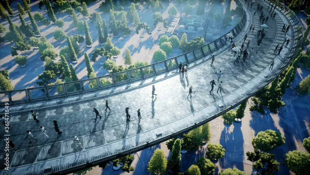 People and robots. Sci fi tonnel. Futuristic traffic. Concept of future ...